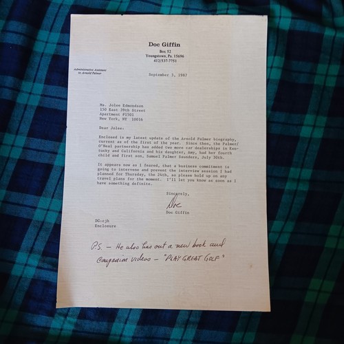 Extremely Rare Golf Collectible 1987 Letter Arnold Palmer Doc Giffin | eBay