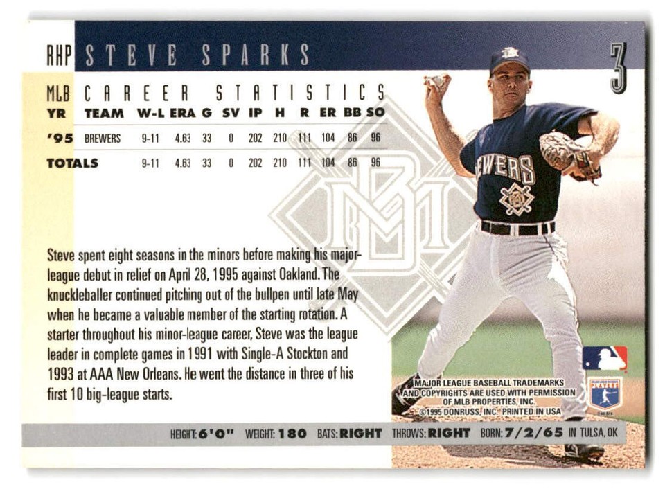 Steve Sparks 1996 Donruss #3 Milwaukee Brewers BASEBALL | eBay