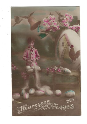 SB4071 EASTER EDWARDIAN BOY WITH BIG PAINTED EGG FANTASY GREETINGS RPPC ...
