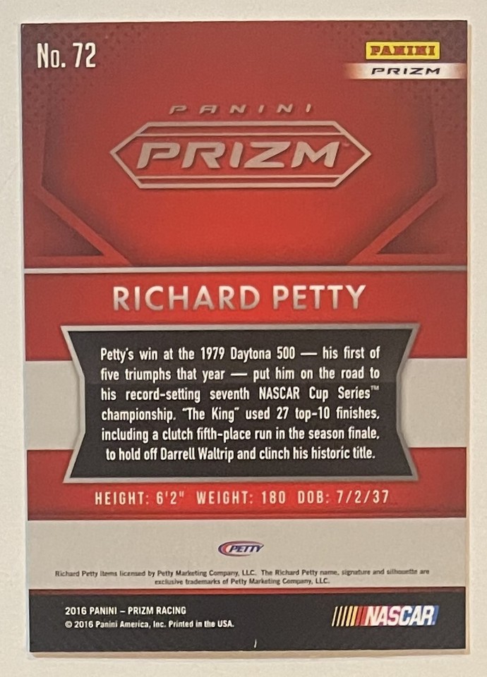 Richard Petty 2016 Panini Prizm Racing Silver Prizm Card #72🔥BEAUTIFUL ...