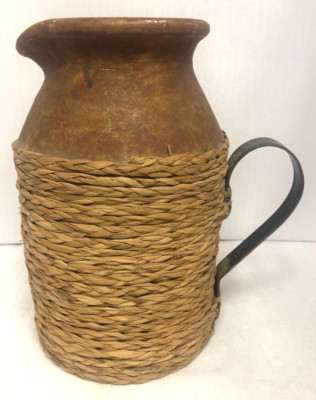 Pier 1 Jug Pitcher Pottery Decor Metal Handle Sisal Wrapped 8 3/8" Tall ...