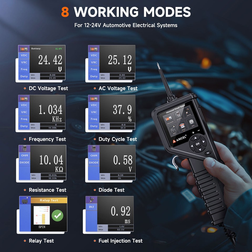 ANCEL 12V/24V Automotive Circuit Tester Multimeter/Relay/Fuel Injector ...