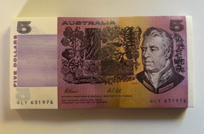 1x UNC Australia 1991 $5 Five Dollar Note From Bank Bundle Fraser/Cole ...
