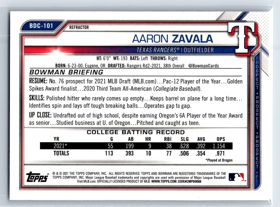2021 Bowman Draft Aaron Zavala #BDC-101 Texas Rangers | eBay
