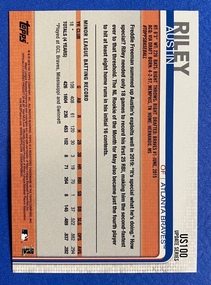 AUSTIN RILEY 2019 TOPPS UPDATE #US100 WALGREENS YELLOW ROOKIE RC ...