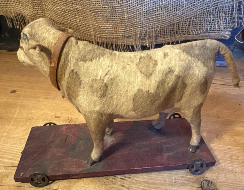 ANTIQUE VINTAGE GERMANY COW BULL STEER ON WHEELS PULL TOY FOLK ART | eBay
