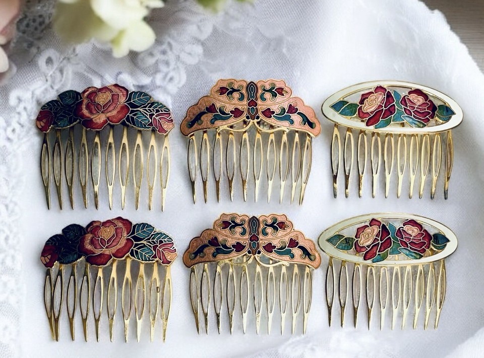 Vintage Cloisonne Hair Combs Lot Enamel Hair Metal Flower Butterfly 6 ...