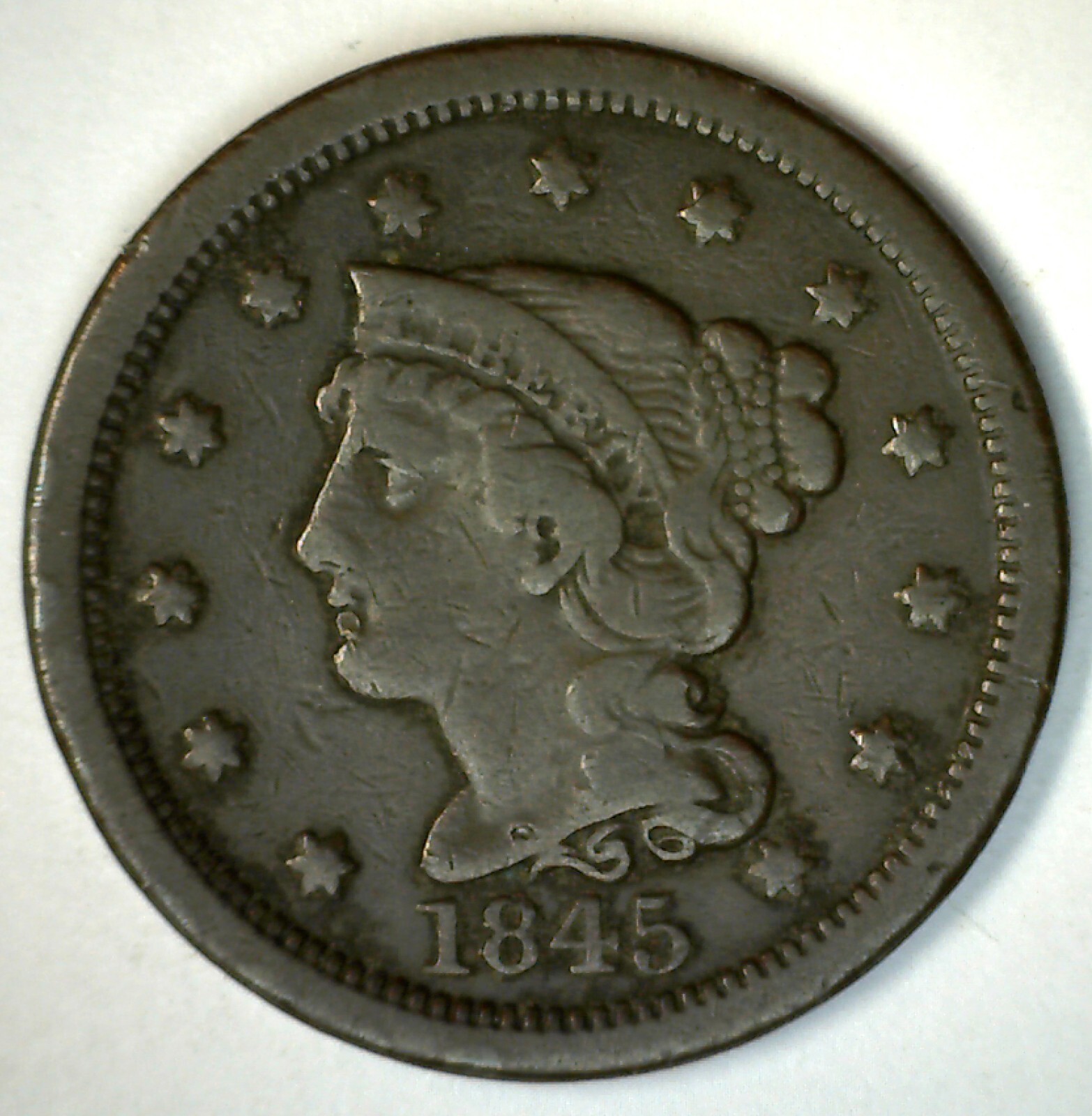 1845 Braided Hair US Large Cent Coin 1c Penny FINE Circulated Dark ...