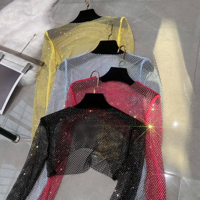 Women Sparkle Glitter Rhinestone Mesh Net Cover Up Long Sleeve Crop Top ...