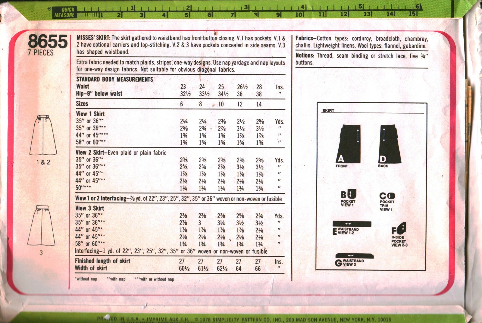 8655 Vintage Simplicity Sewing Pattern Misses Front Button Skirt ...
