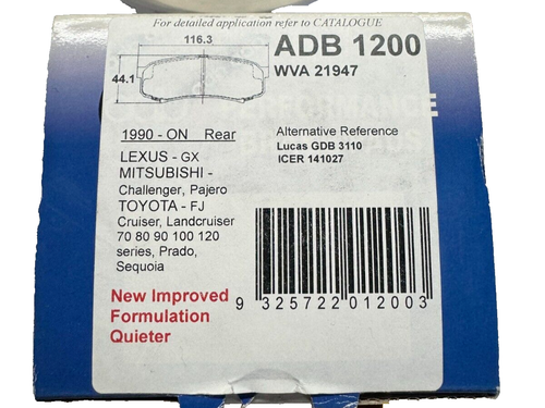 ADB PERFORMANCE BRAKE PAD REAR DB1200 for LANDCRUISER 70 SERIES HDJ78 ...