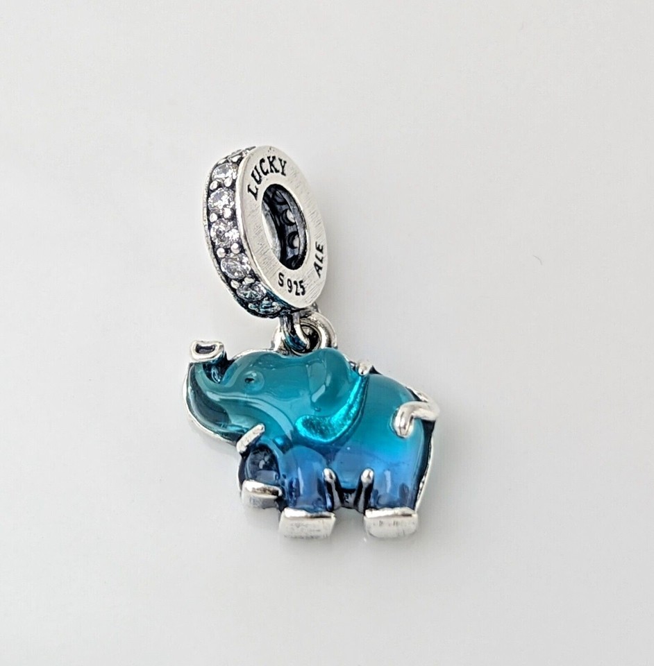 New 100% Authentic PANDORA 925 Blue Murano Glass Elephant Dangle Charm ...
