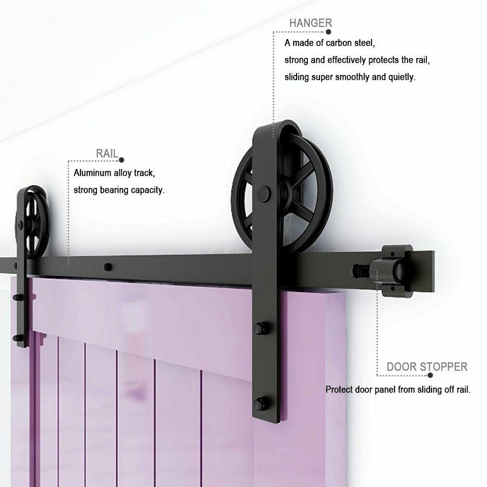 5-16FT Single Wood Sliding Barn Door Hardware Kit Black Big Spoke Wheel ...