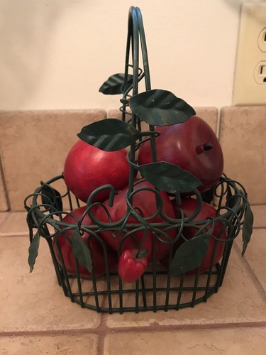 GUC Vintage ? Green Wire Apple Basket with 5 Hand Turned Red Wooden ...