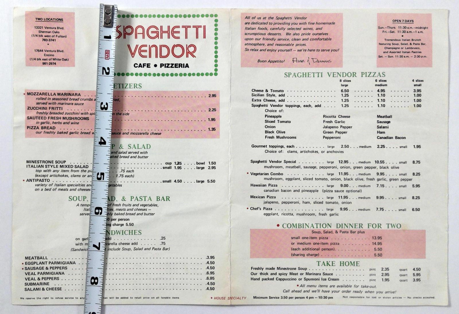 1980's Vtg Take-Out Menu SPAGHETTI VENDOR Cafe Pizzeria Sherman Oaks ...