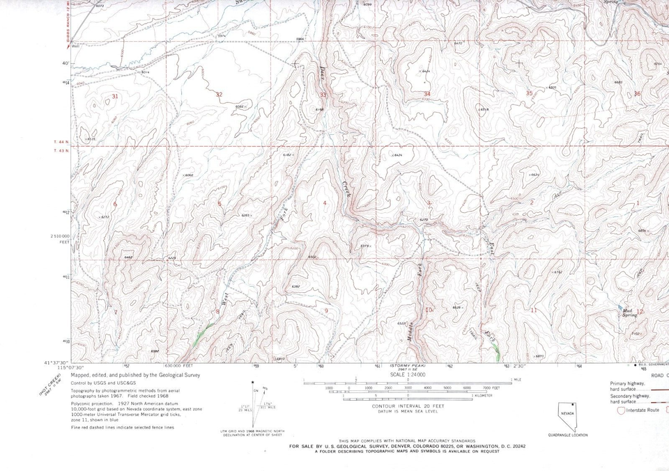 Gilmer Ranch, Nevada 1968 Vintage USGS Topo Map 7.5 Quadrangle ...