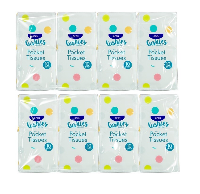 8 PACK POCKET TISSUES Facial Make Up Soft 3 Ply Strong 10s Handy Travel ...