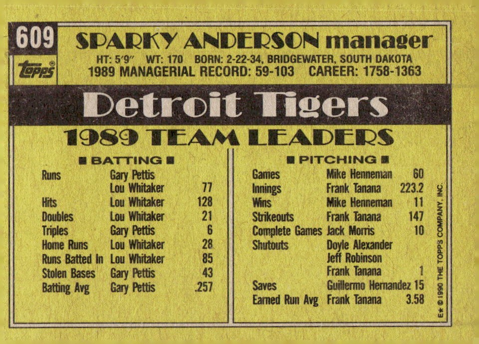 1990 Topps #609 Sparky Anderson -MANAGER- Detroit Tigers | eBay