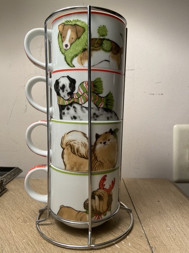 Pier one Park Avenue Pups Holiday 4 Stackable Mugs cups, 8 dog breeds ...