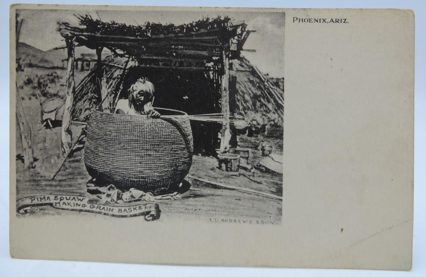 Vintage Postcard - Pima Squaw Making Grain Basket, Phoenix, Arizona ...