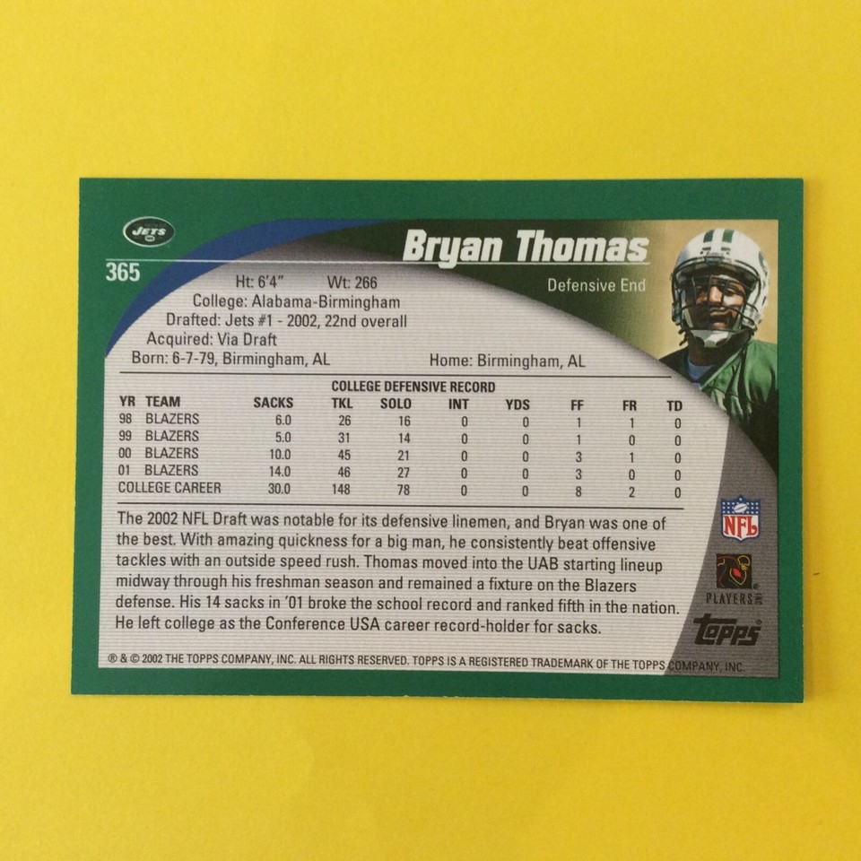 2002 Topps Football #365 Bryan Thomas RC New York Jets | eBay