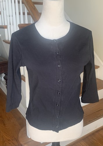 Classic Essential Talbots Petite Medium Black Cotton Cardigan Sweater ...