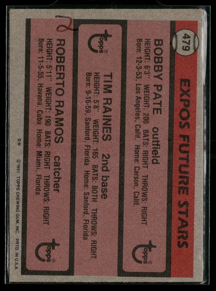 Expos Future Tim Raines Roberto Ramos bobby Pate Rookie 1981 Topps #479 ...