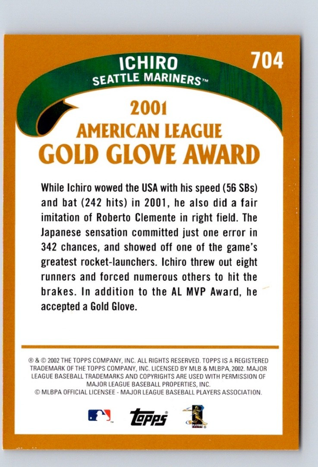 2002 TOPPS ICHIRO SUZUKI GOLD GLOVE AWARD # 704 BASEBALL CARD SEATTLE ...