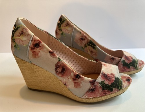 Toms Heels Women 8 Stella Pink Floral Print Pumps Wedge Slip On Canvas ...