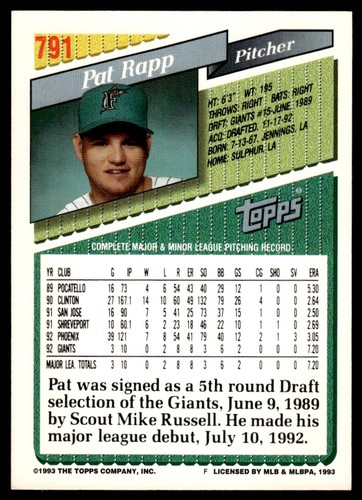 1993 Topps Baseball Card Pat Rapp Florida Marlins #791 | eBay