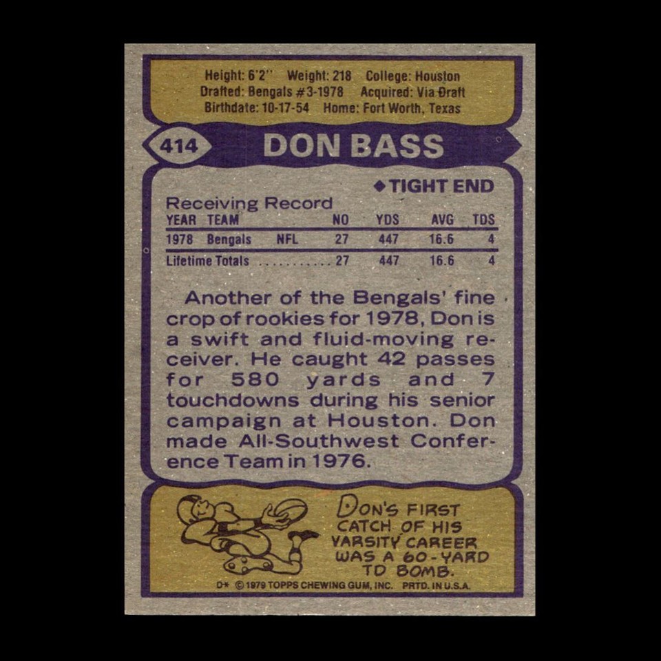 Don Bass 1979 Topps Rookie Cincinnati Bengals #414 R311B 1 | eBay