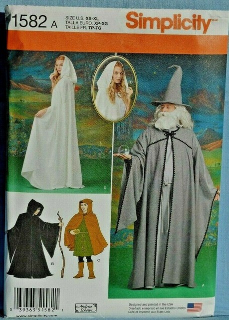 Simplicity Pattern 1582 D0802 Cape Wizard Costumes Adults XS S M L XL ...