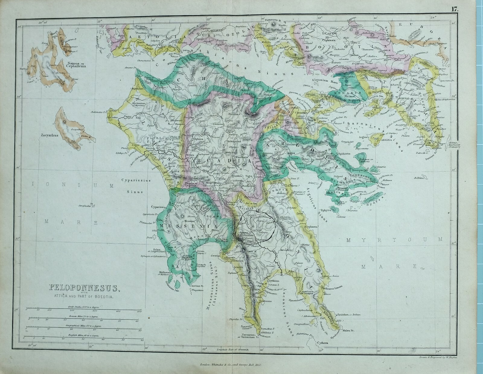 1856 ANCIENT MAP PELOPONNESUS ATTICA MESSENIA LACONIA ARCADIA ARGOLIS ...