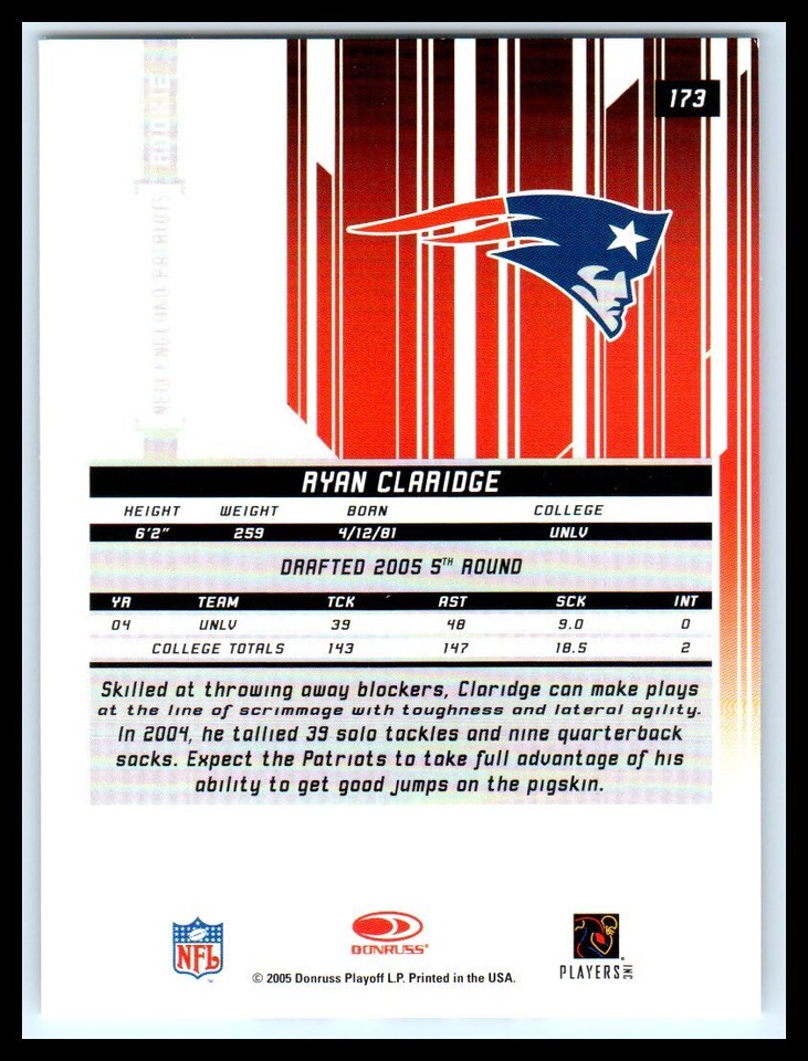 2005 Leaf Rookies & Stars #173 Ryan Claridge MT-NRMT Rookie Football ...