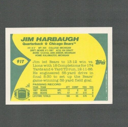 1989 Topps Traded #91T Jim Harbaugh RC Rookie Chicago Bears Football ...