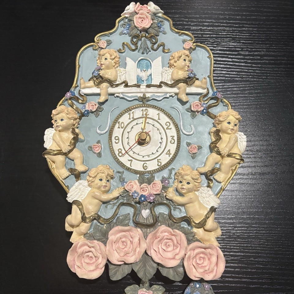 Vintage 3D Cherub Angel Roses Hanging Chime Musical Wall Clock | eBay