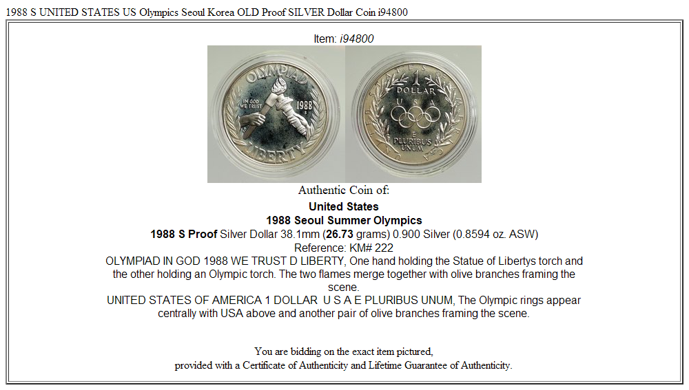 1988 S UNITED STATES US Olympics Seoul Korea OLD Proof SILVER Dollar ...