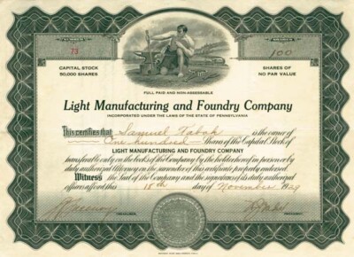 Light Manufacturing and Foundry Company - Stock Certificate (Gray) | eBay
