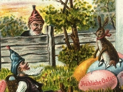 Easter Gnome Elf Postcard Watch Bunny Rabbit Hare Sits on Colored Eggs ...