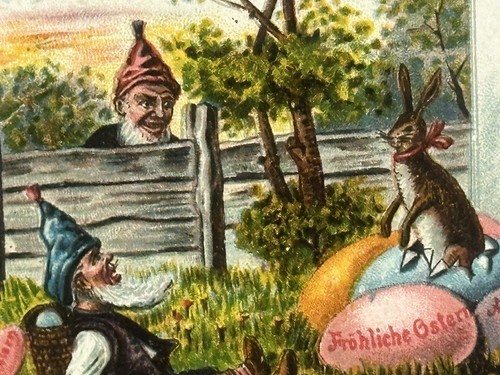 Easter Gnome Elf Postcard Watch Bunny Rabbit Hare Sits on Colored Eggs ...