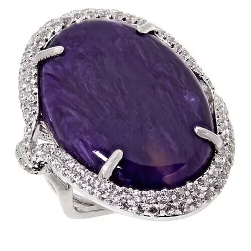 HSN Rarities Sterling Silver Charoite and White Zircon Oval Ring Size 8 ...