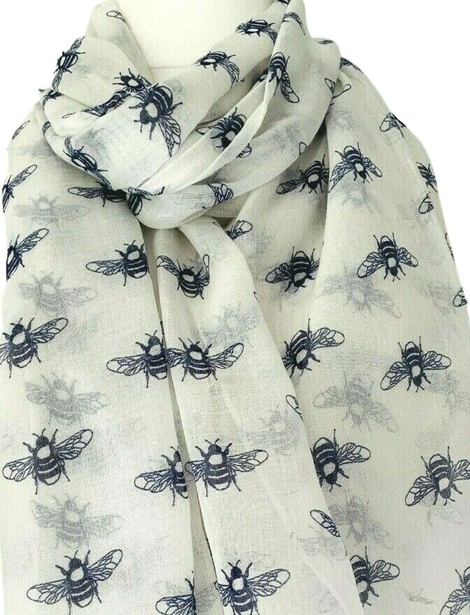 Bee Scarf Ladies Cream Bumble Bees Print Wrap Navy Blue Shawl ...