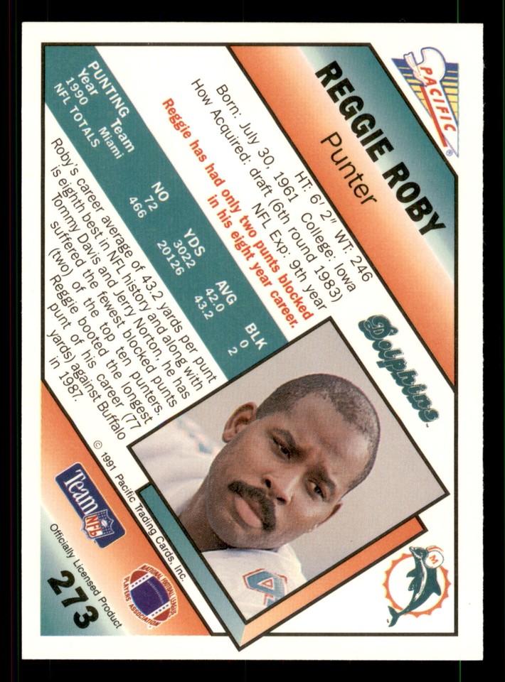 1991 Pacific Reggie Roby #273 Miami Dolphins | eBay