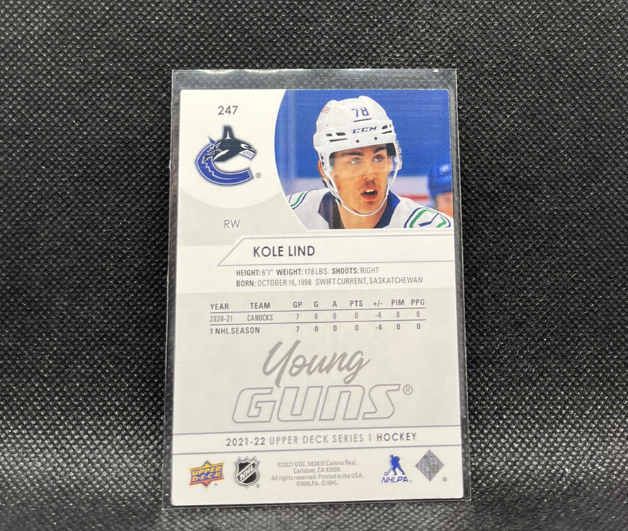 Kole Lind YOUNG GUNS Rookie 2021-22 Upper Deck Series 1 Hockey #247 NHL ...
