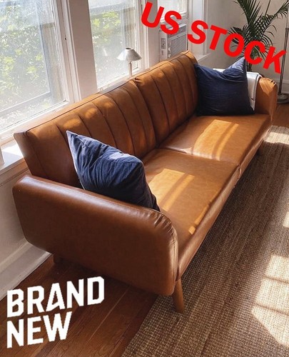 Mid-Century Modern Faux Leather Convertible Futon Sofa Bed Couch ...