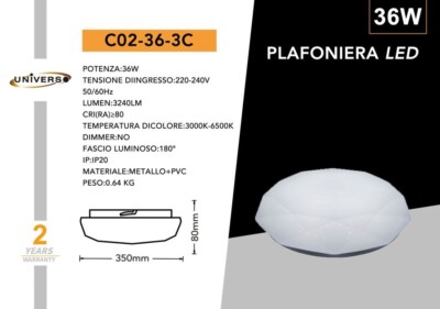 Plafoniera LED UNIVERSO C02-36-3C 36W 3240LM 3000-6500K 180° 350mm | eBay
