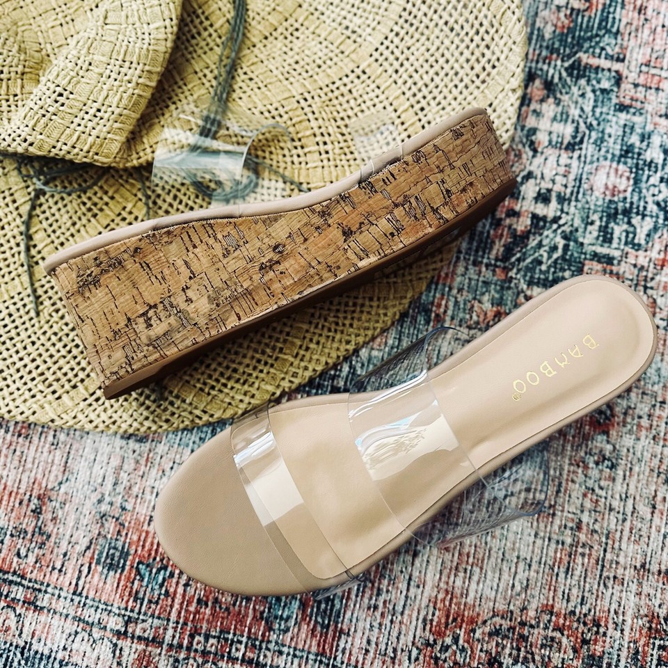 New Transparent Clear Open Toe Cork Platform Wedge Heel Mules Sandal ...