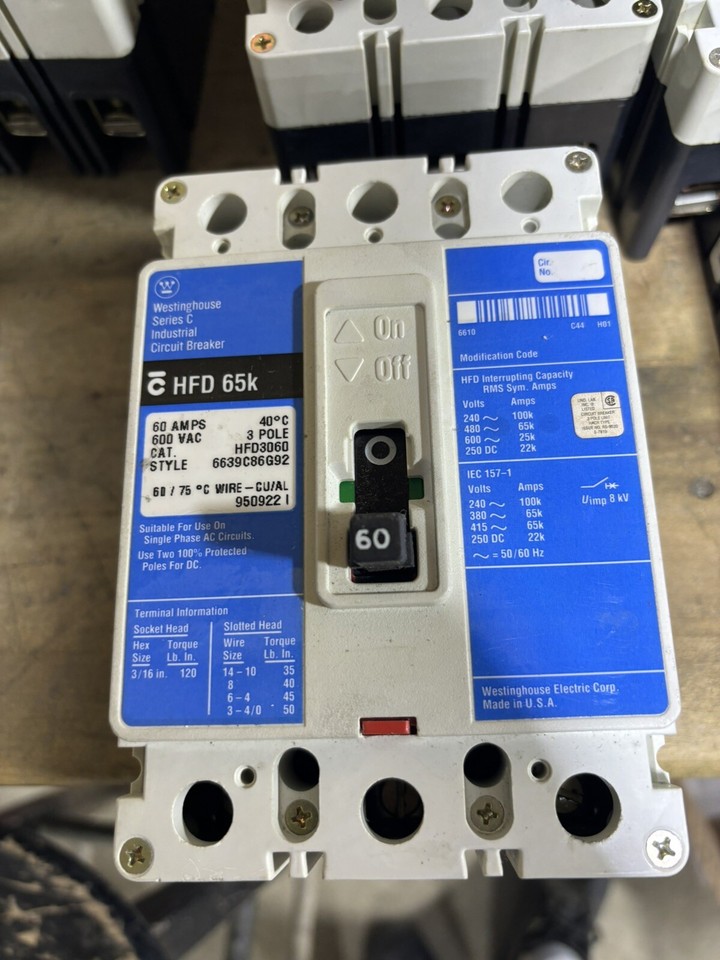 Cutler Hammer Westinghouse HFD3060 65K 3 Pole 60A Circuit Breaker USED ...