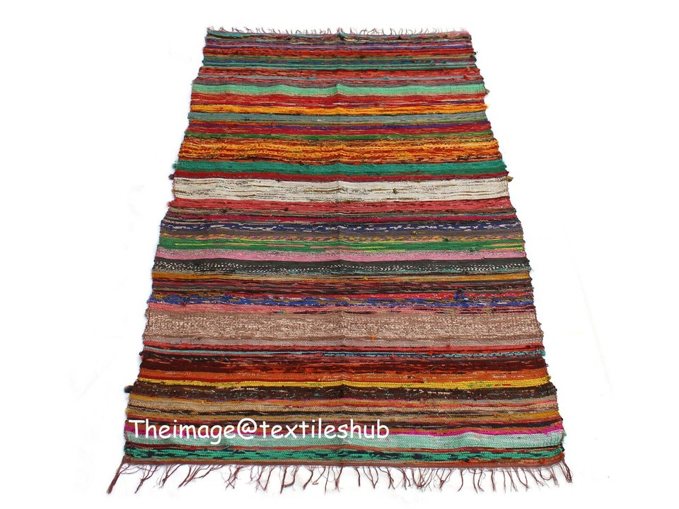 Indian Brown Multi Handmade Chindi Rug Floor Yoga Mat Area Rug Mat ...