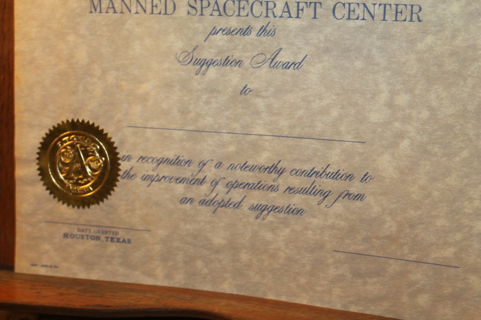 NASA Apollo Manned Spacecraft Center Outstanding Suggestion Award Blank ...